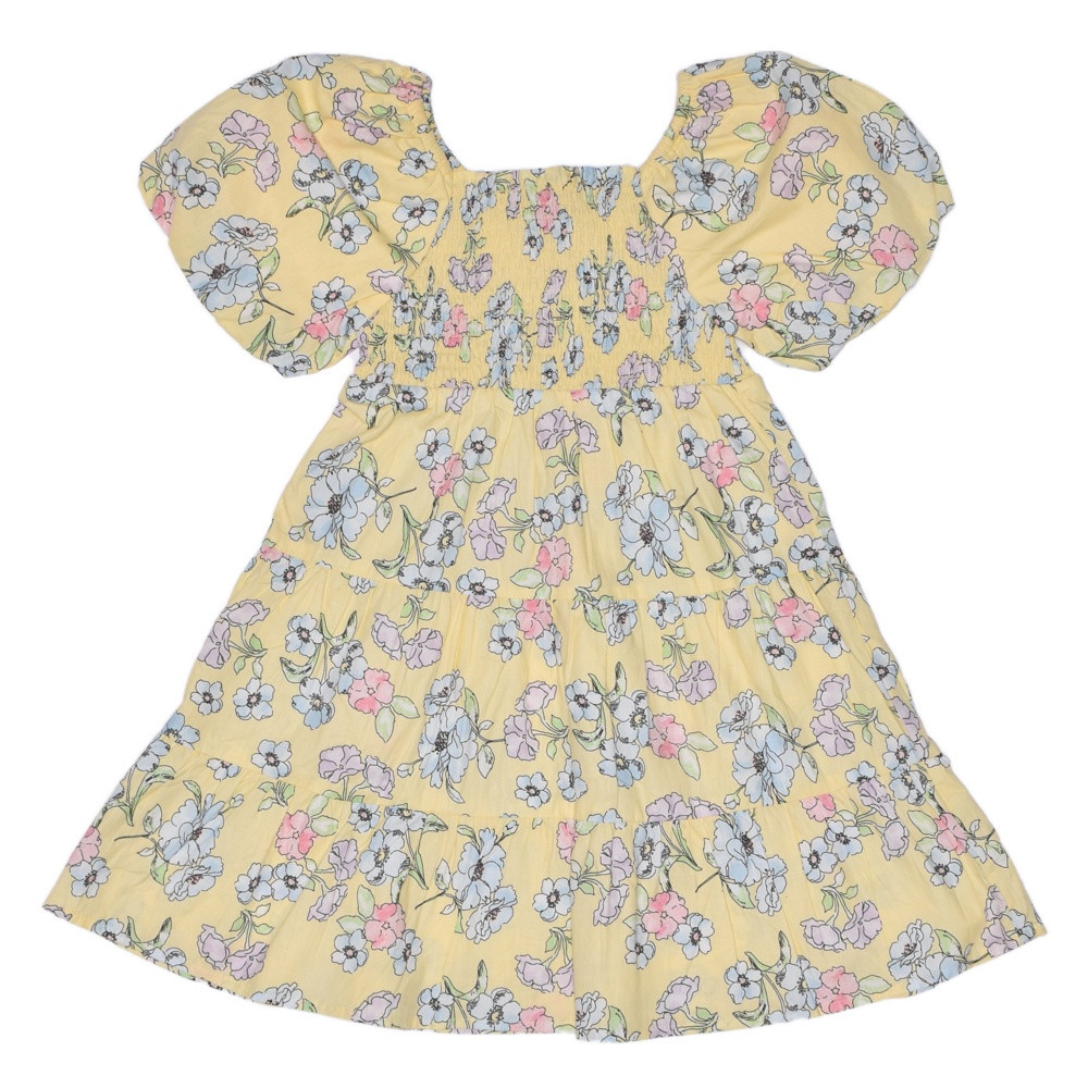 Rochie galbenă cu imprimeu floral și flori pastel copii, 110 (4-5 ani ...