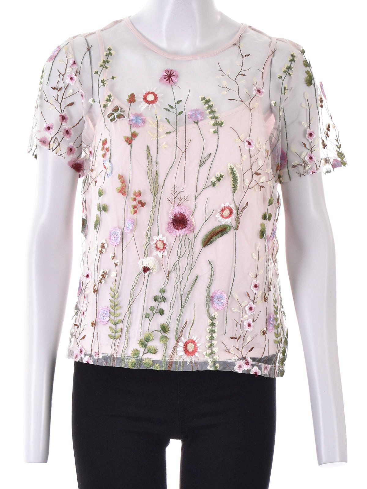 Bluză elegantă damă, floral, broderie, transparentă, L Roman