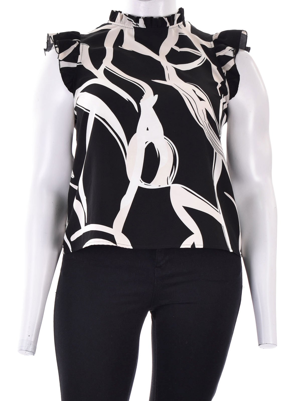 Top elegant damă fără mâneci cu volane și imprimeu abstract bej și negru, XL Shein